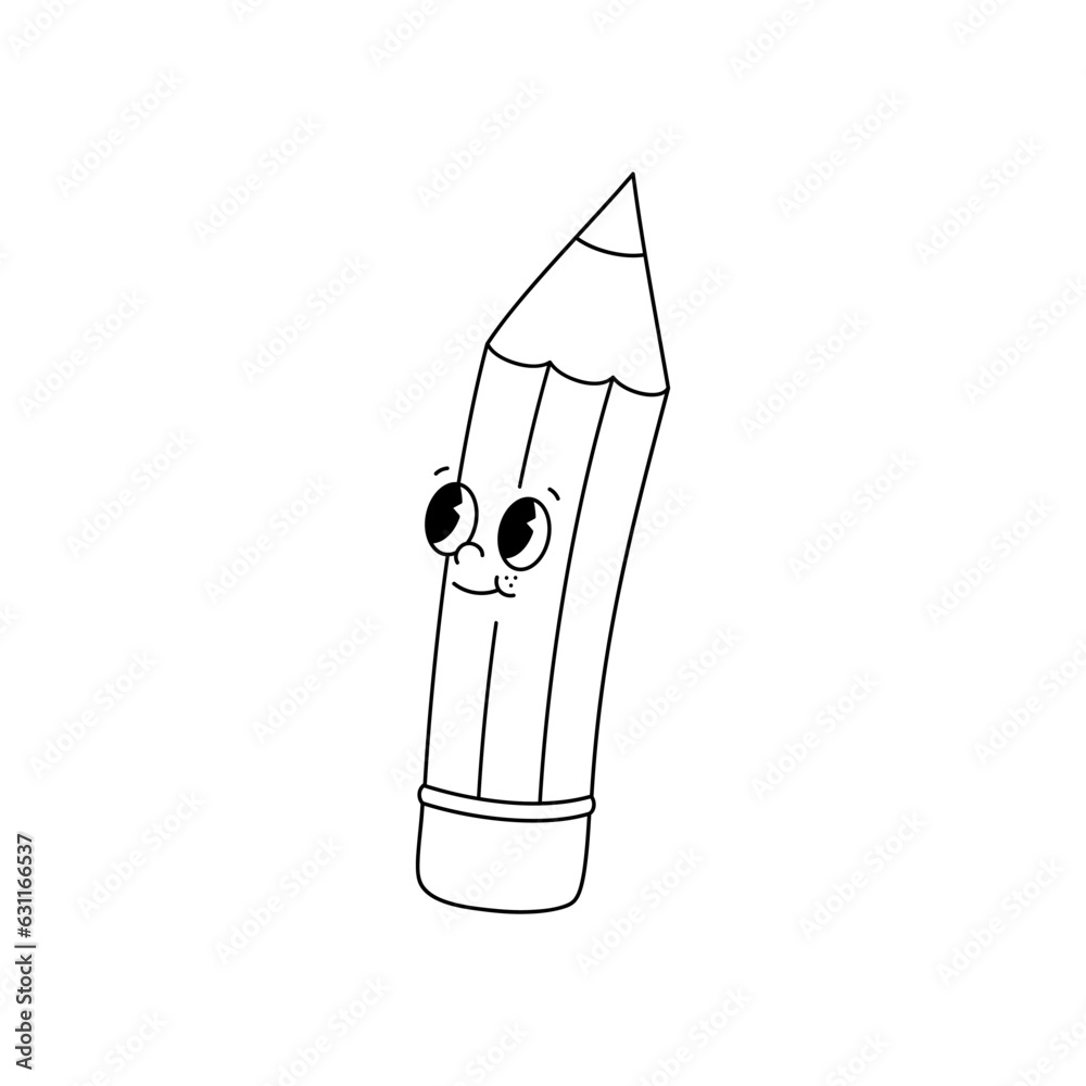 Vector cartoon retro mascot monochrome illustration of pencil. Vintage ...