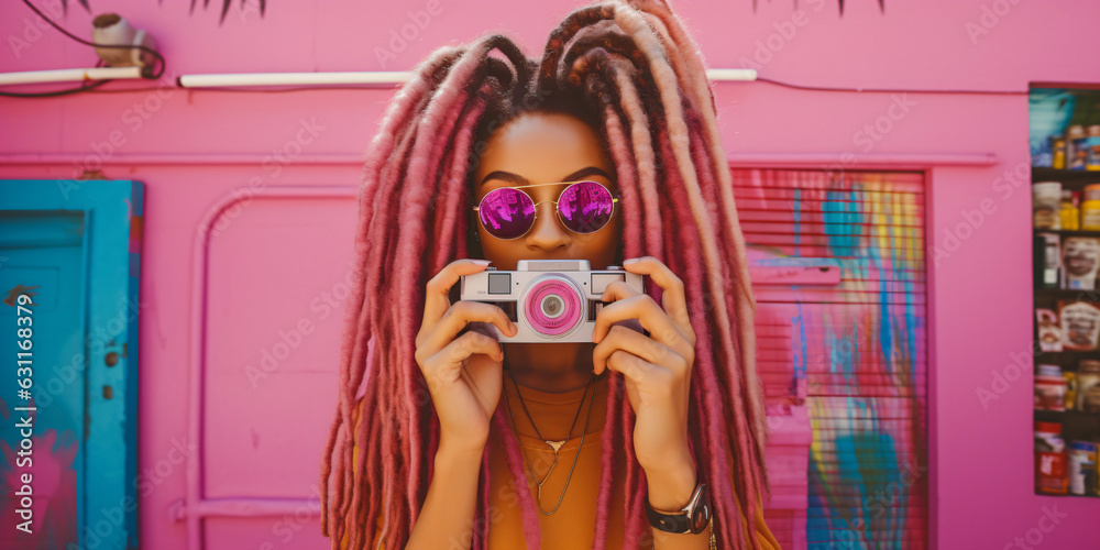 girl with dreadlocks and an old camera in front of a pink wall ...