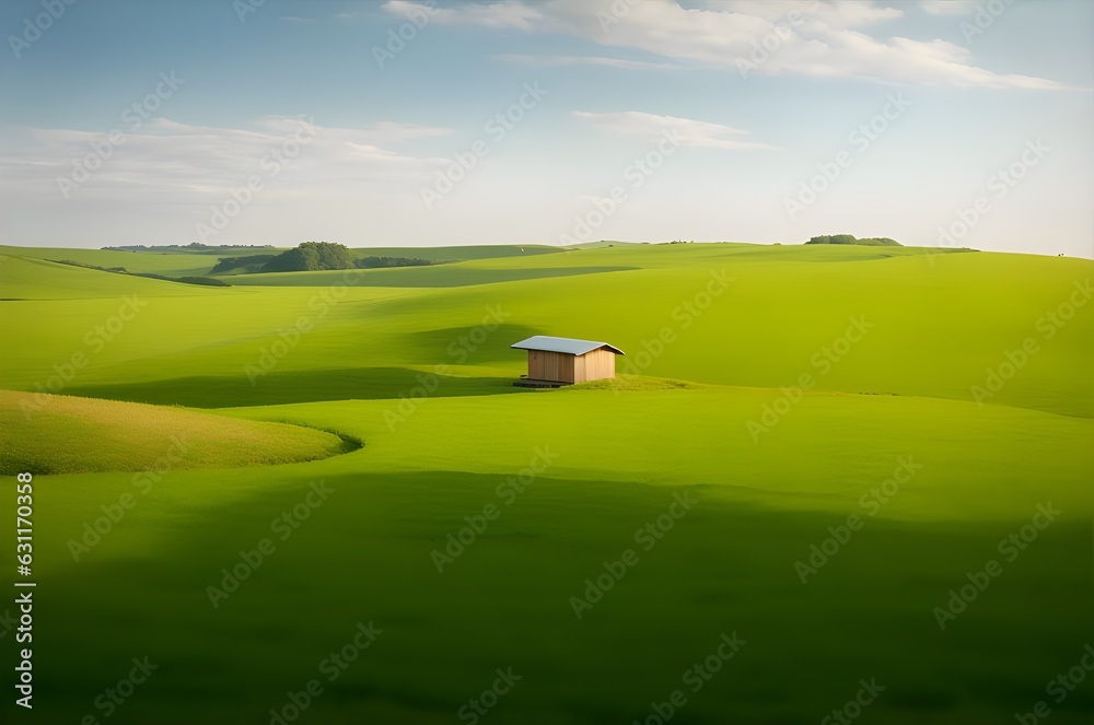 Beautiful green landscape with an isolated hut in the middle of the ...