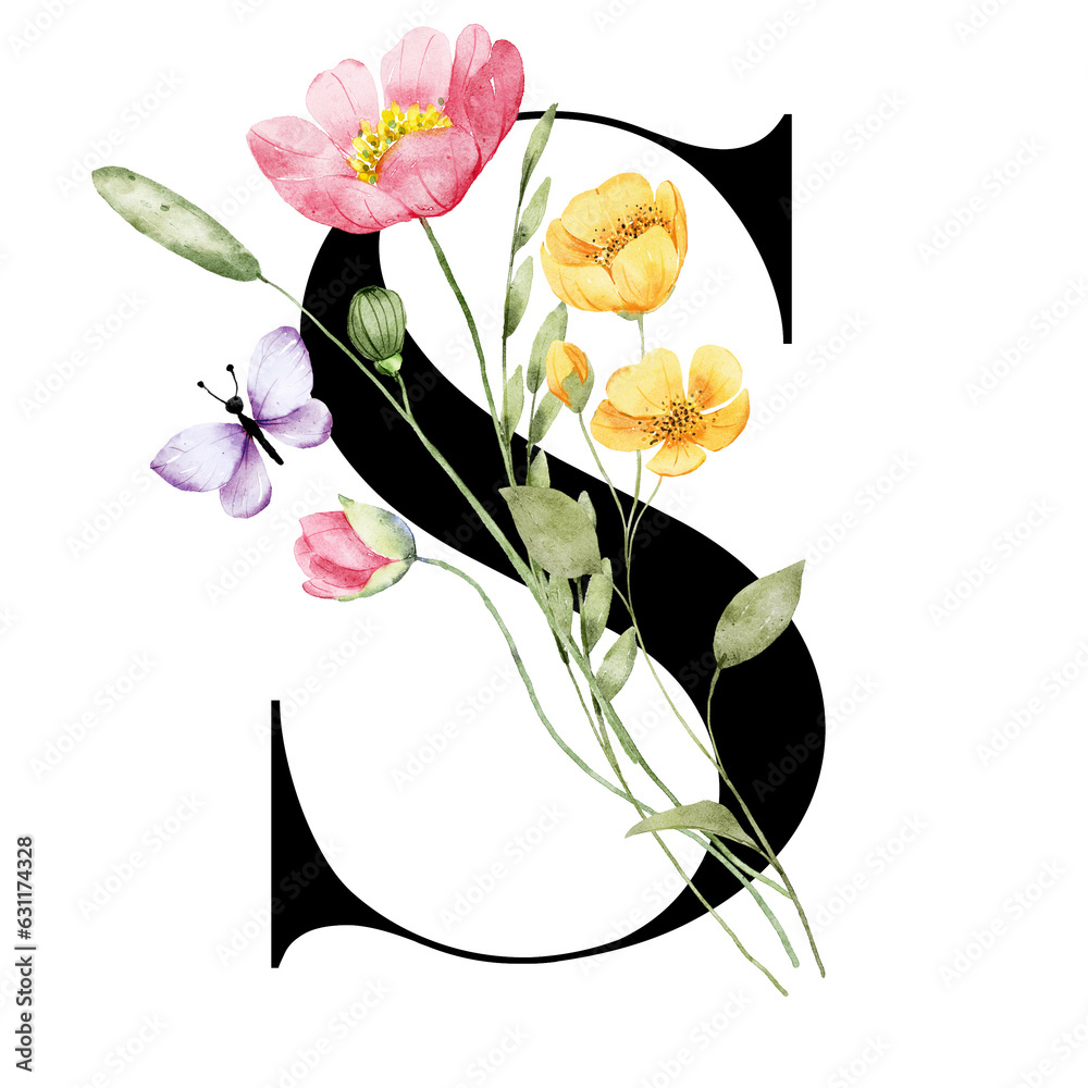 Floral alphabet, letter S with watercolor flowers and leaf. Monogram ...