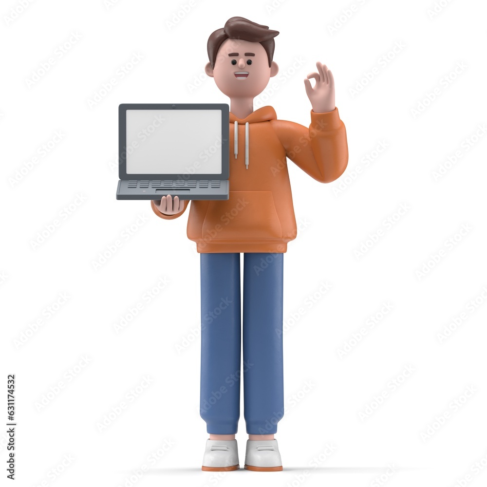 3D illustration of a smiling Asian male guy Qadir with ok gesture ...