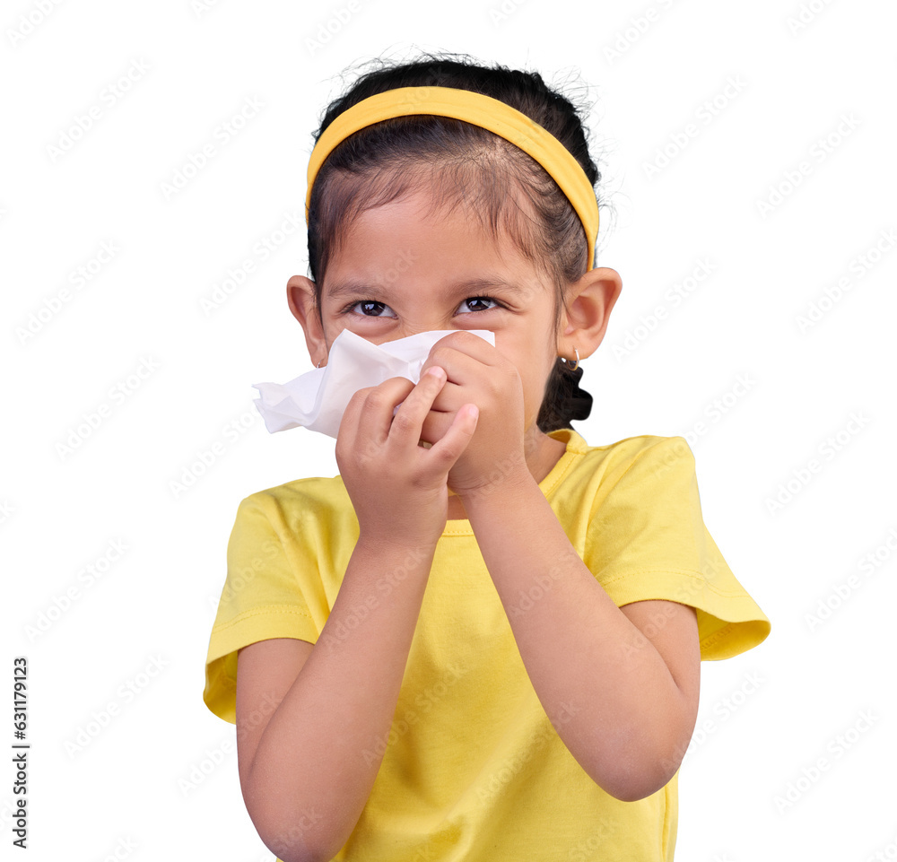 Girl kid, tissue and blow nose for cold, allergies and risk of medical virus isolated on a ...