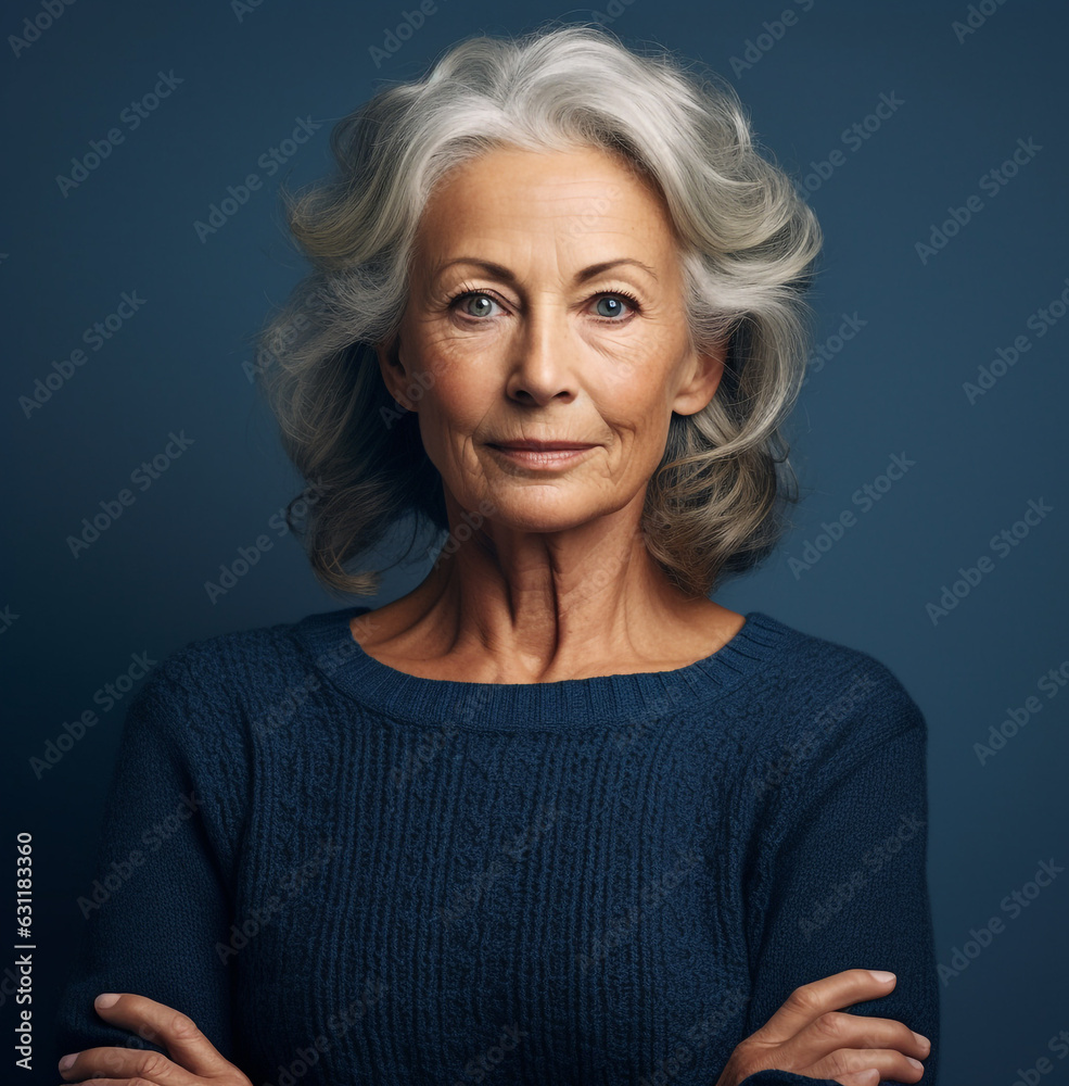 Beautiful senior woman wearing blue sweater with grey hair, modern ...