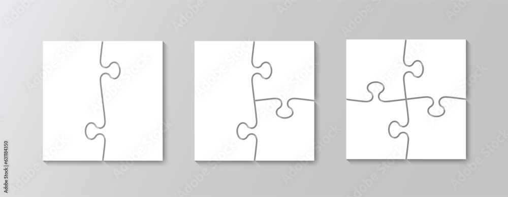 Jigsaw outline grid with 2, 3, 4 elements. Puzzle pieces set. Layout of ...