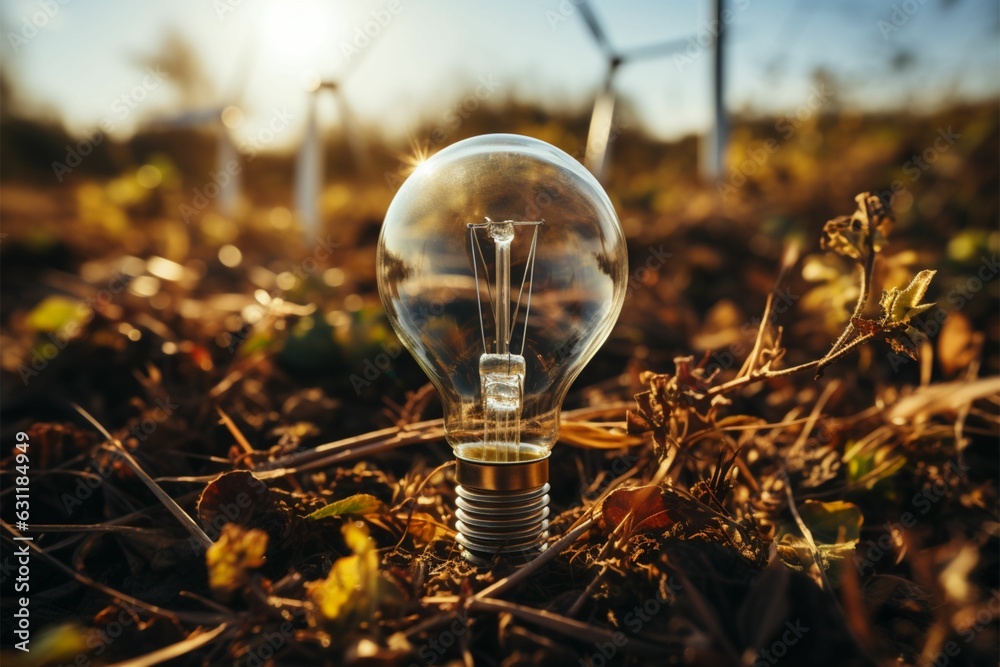 Clean energy solution, lightbulb with solar panel and wind turbine on ...