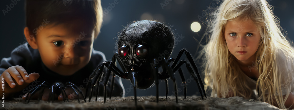 Two kids, boy fascinated by spiders, girl watching her brother playing ...