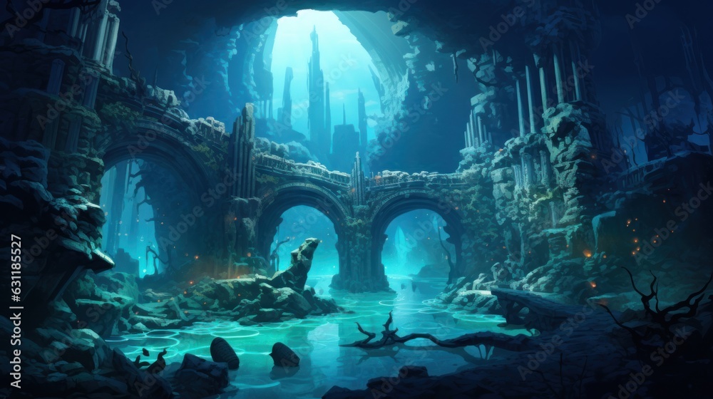 Coral City Ruins, Illustrate the remains of an ancient city submerged ...