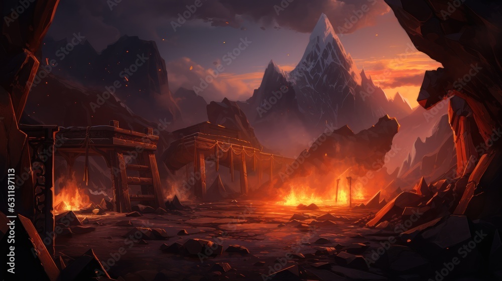 Depict a forge nestled near a volcano where mythical weapons are ...