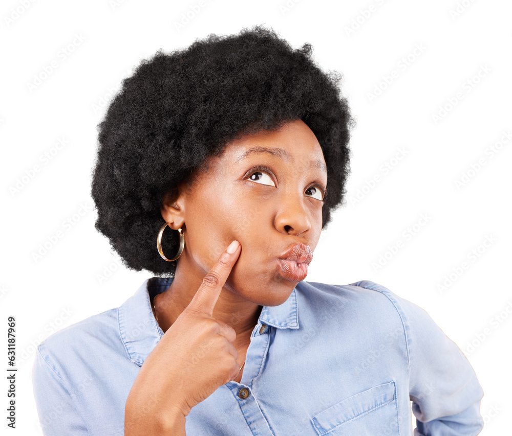 Thinking, question and idea with face of black woman on png for doubt ...