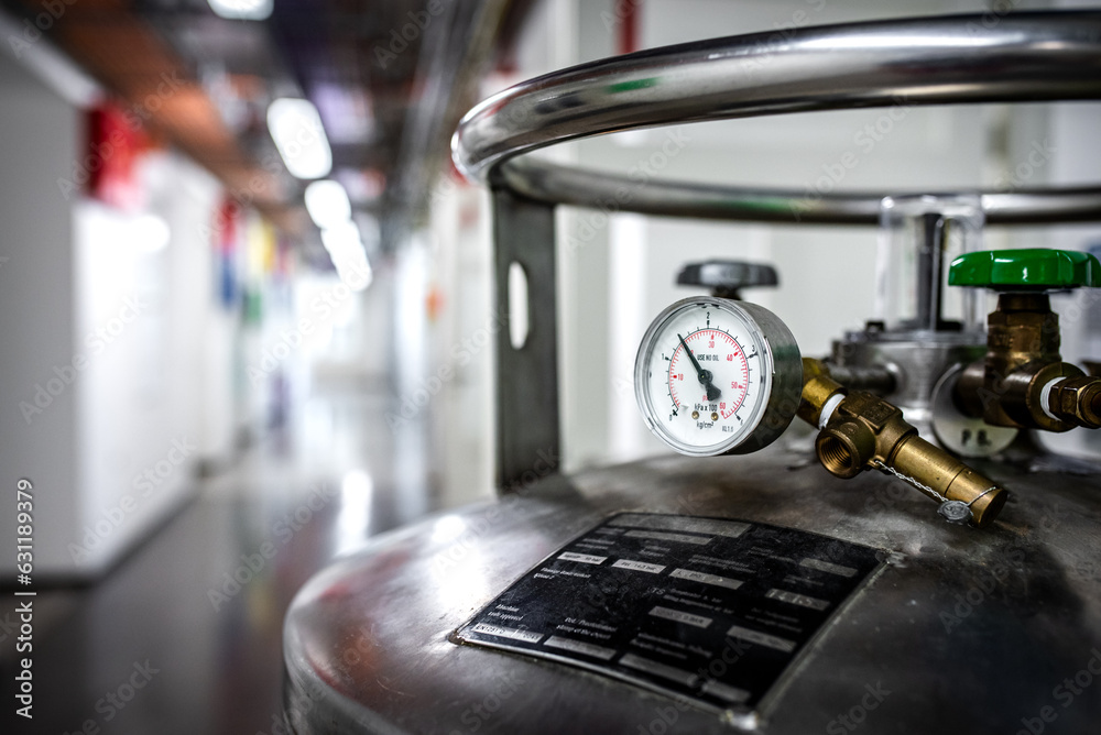 Pressure gauge equipment mounted on liquid nitrogen tank, chemical or ...