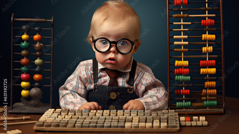 In this image, a stressed baby furrows their brow while trying to ...