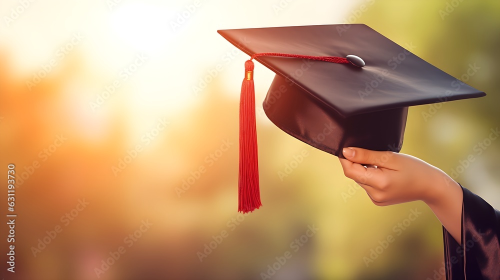 Hand holding graduation cap. Graduate is celebrating graduation put a ...