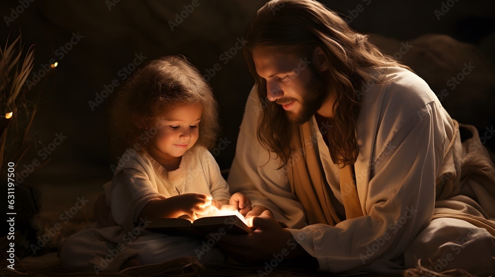 Jesus reading holy bible to little children in the dark. Jesus and ...
