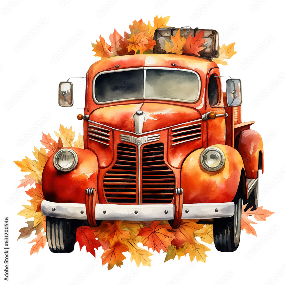 Red Truck with Pumpkins and Autumn leaves Watercolor Clipart isolated ...