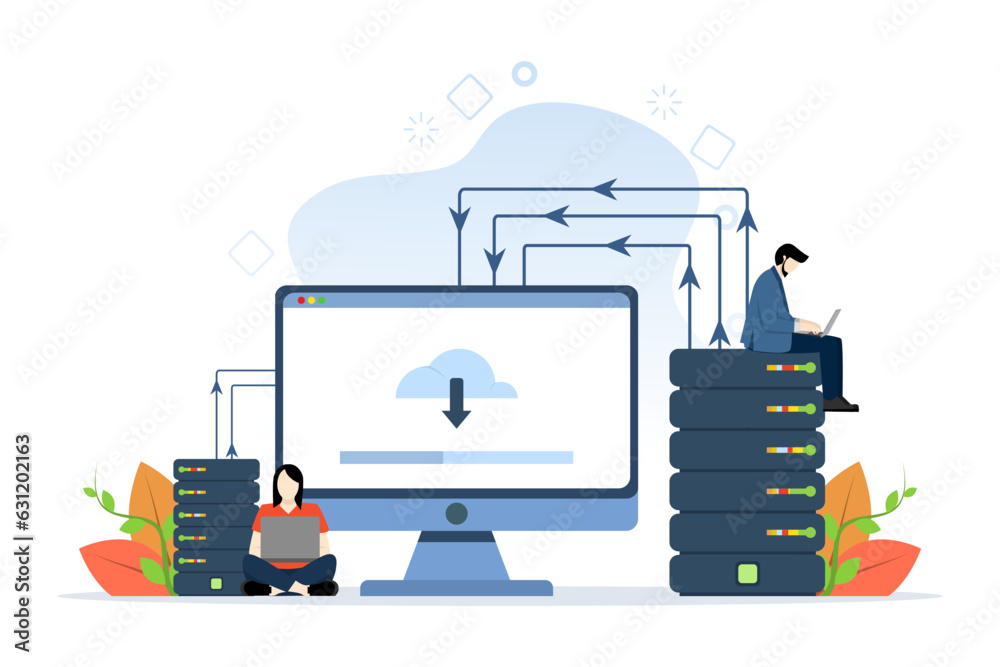 Vecteur Stock Web hosting concept with people characters. Online databases, servers, web data ...