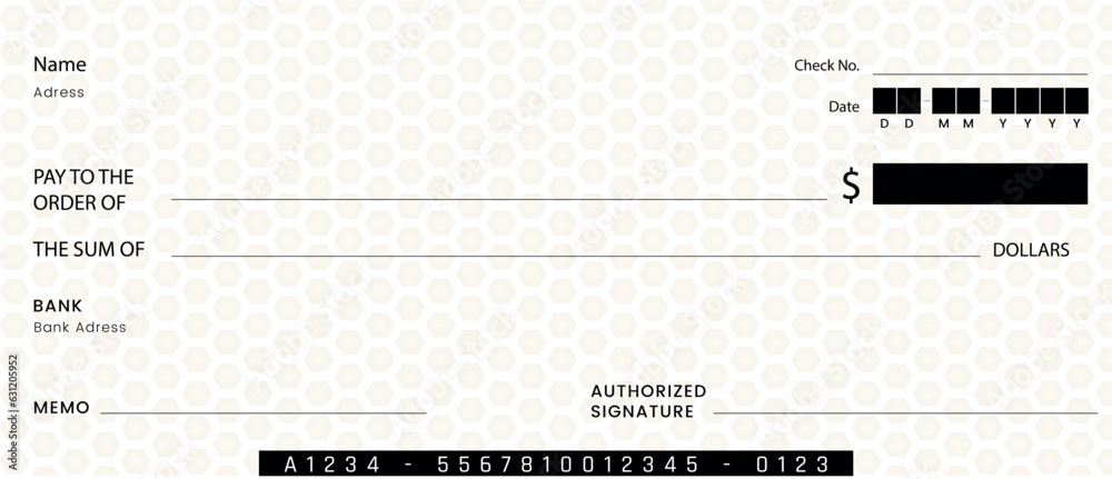 Blank bank cheque. Personal desk check template with empty field to ...