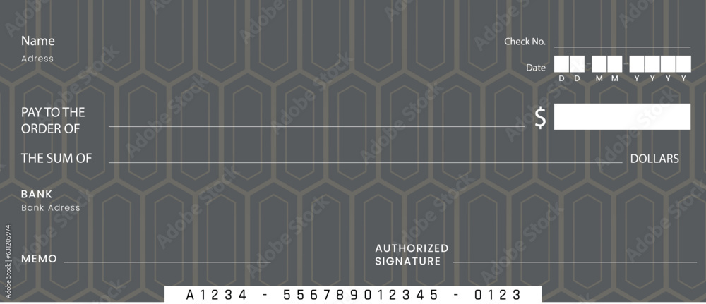 Blank bank cheque. Personal desk check template with empty field to ...