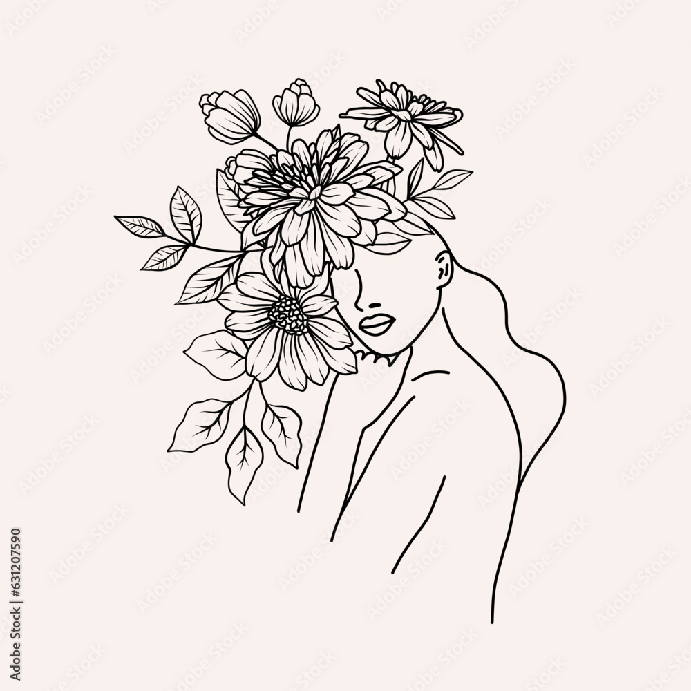 Floral woman face portrait with flowers, leaves bouquets line art ...