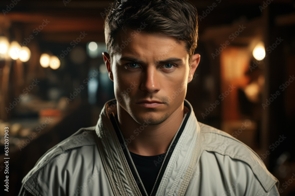 A man dressed in a white martial arts suit looks menacingly ahead ...