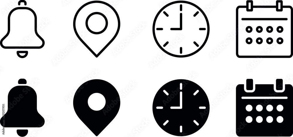 Notification bell icon. Address location icon. Clock / watch icon. Date ...