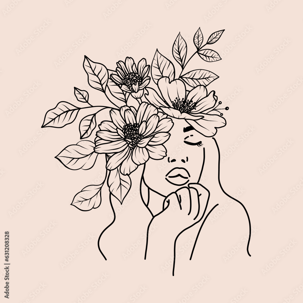 Floral woman face portrait with flowers, leaves bouquets line art ...