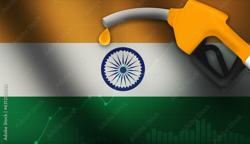 Fuel or petrol prices in India concept background with waving flag and ...