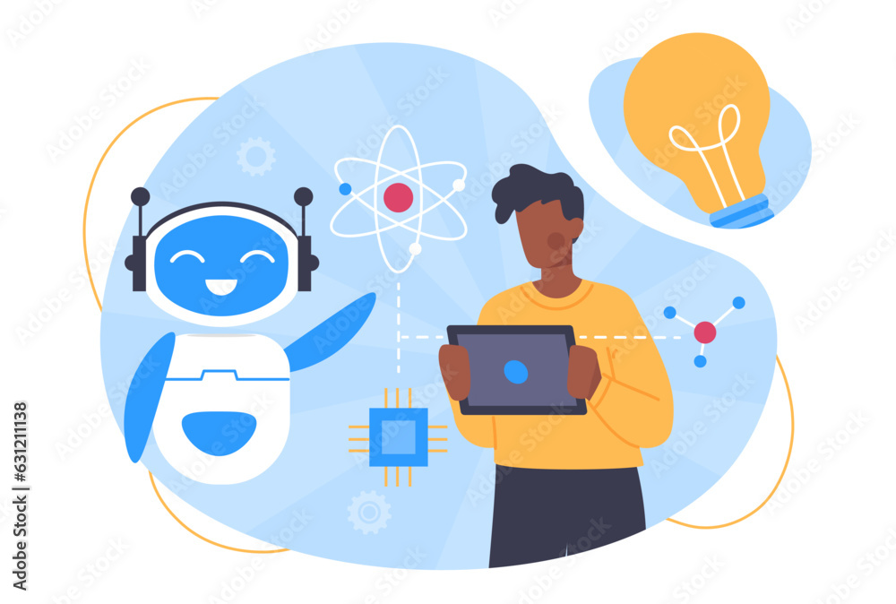 Vetor de Man with innovative idea concept. Young guy with chatbot near ...