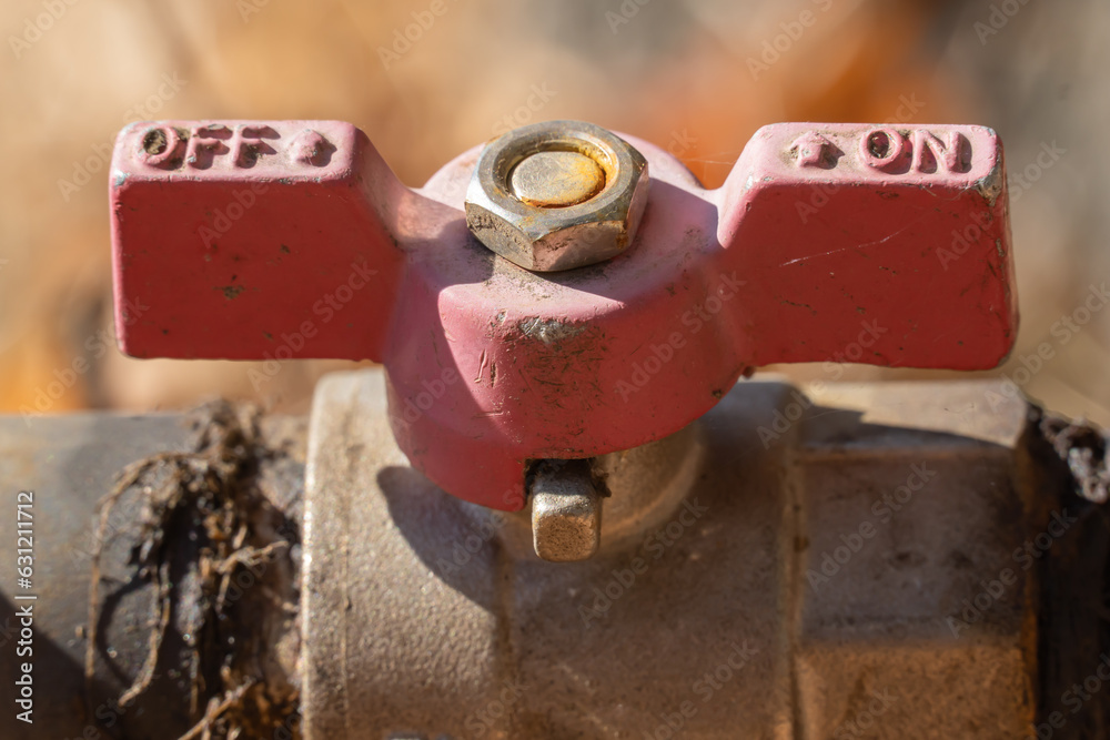 Red valve of old automatic watering close-up. Turn off or turn on water ...