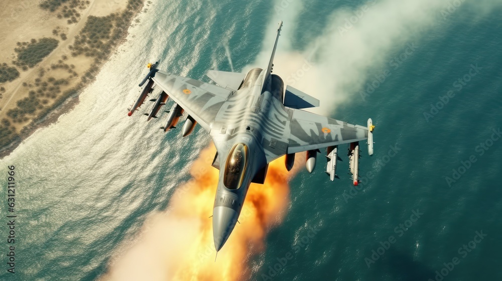F-16 air force fighter flying over the sea at super low altitude. Jet ...