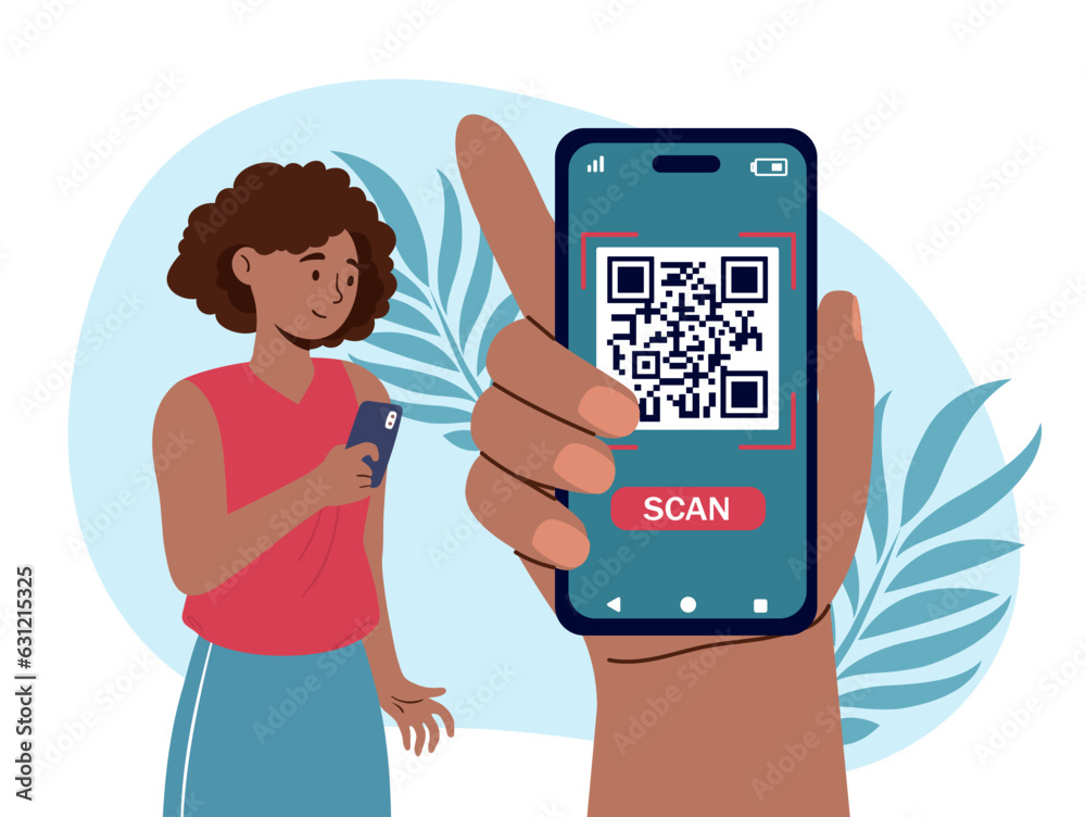 Woman with QR code concept. Woman with smartphone reads bar code ...