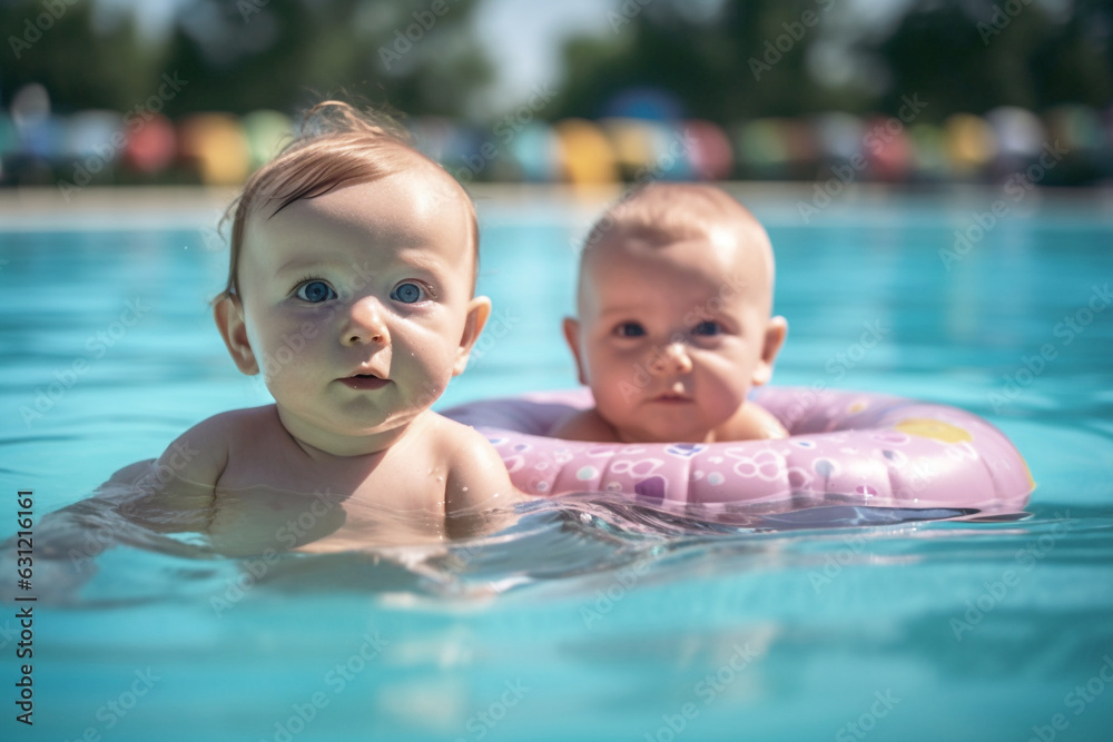 baby twin boy and girl float happily on a swim pool, their giggles ...