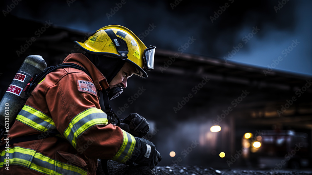 firefighter helping a colleague adjust their gear before entering a ...