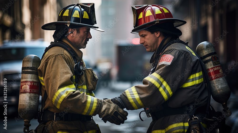 firefighter helping a colleague adjust their gear before entering a ...