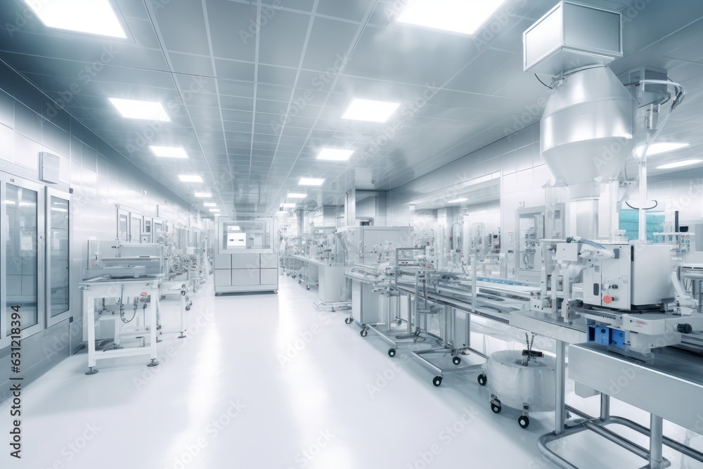 Contemporary drug production workshop interior. Spacy bright sterile ...