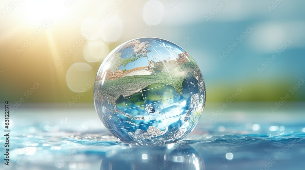 Transparent crystal sphere filled with sunlight on a water surface ...