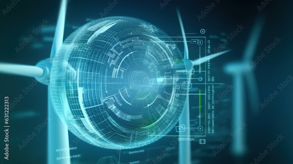Graphic image of windmills and diagram of energy production and use on ...