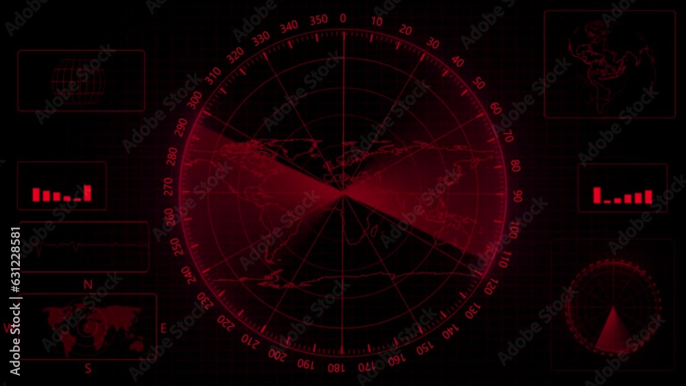 Vidéo Stock Radar screen animated, red color 3d world map radar HUD ...