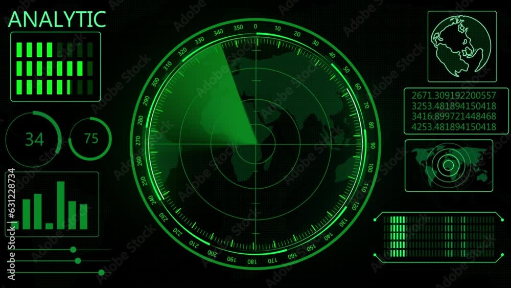 Green Radar screen animated, red color 3d world map radar HUD animation ...