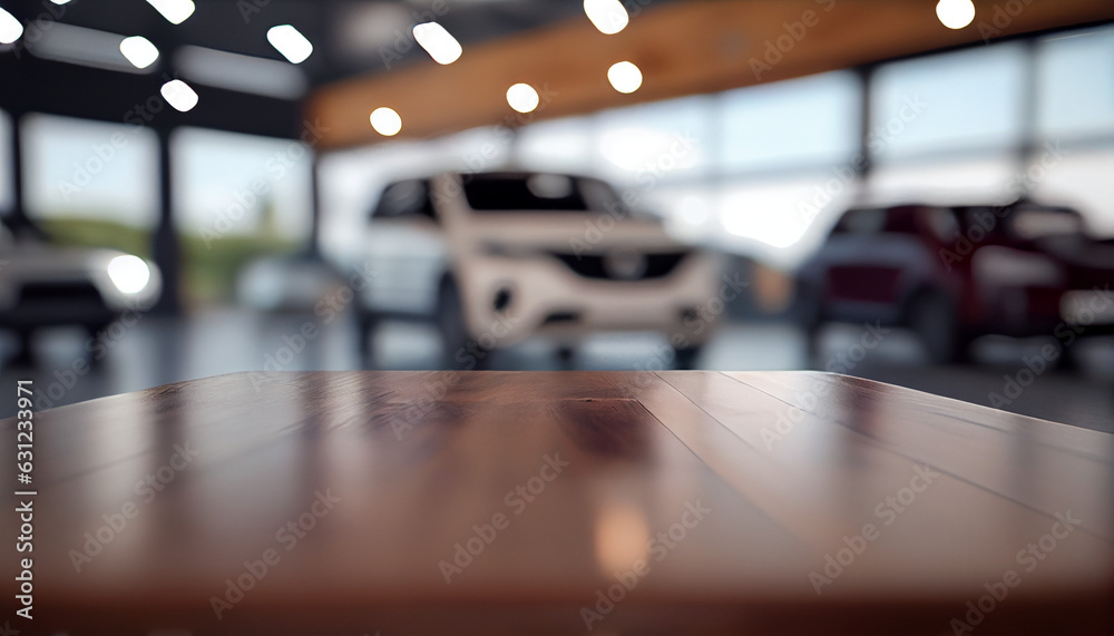 Empty wooden table and blurred background of car showroom with bokeh ...