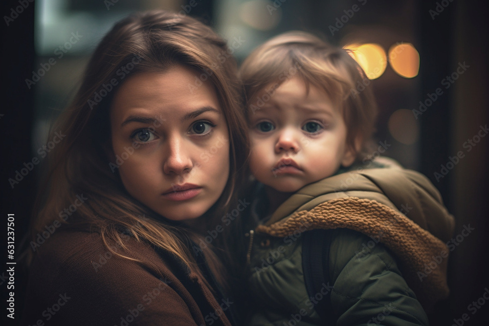 Young, tired, and shocked mother can be seen cradling her baby ...