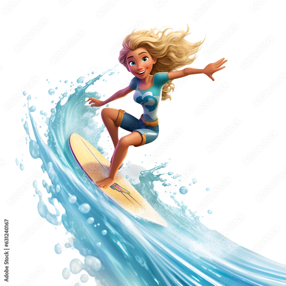 Cute surfer character surfing on beach waves sunset summer isolated on ...