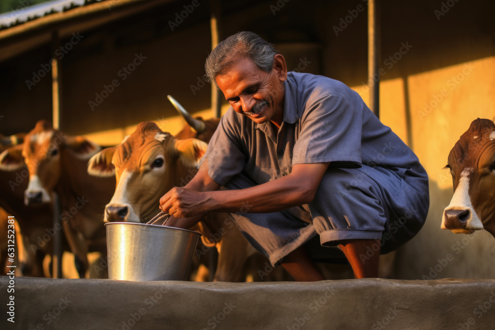 Senior indian man taking care of cow in dairy or cattle farm in village ...