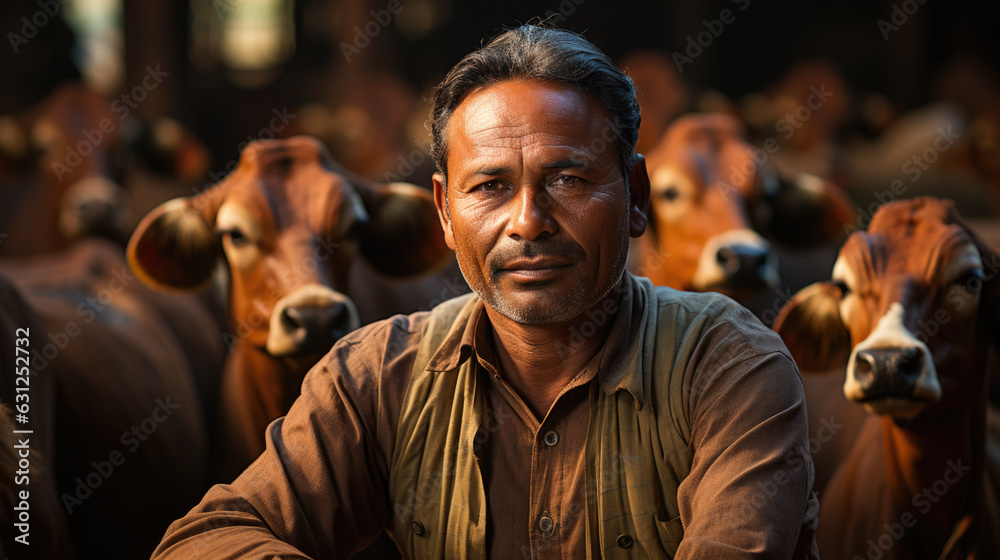 Senior indian man taking care of cow in dairy or cattle farm in village ...