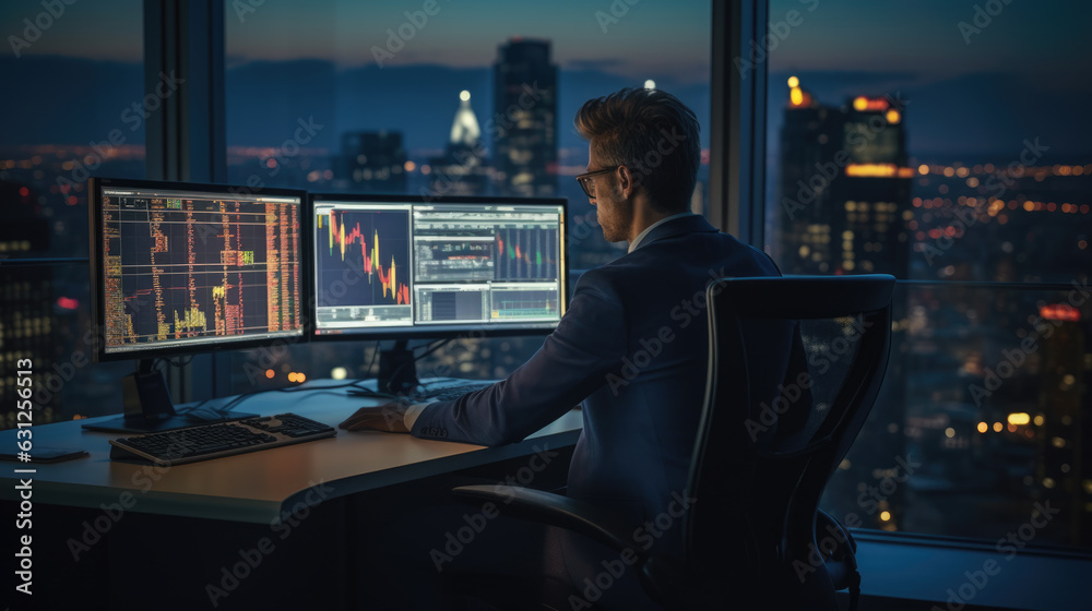 Stock Trader Man Using Multiple Monitors. Back view. Stock Photo | Adobe Stock