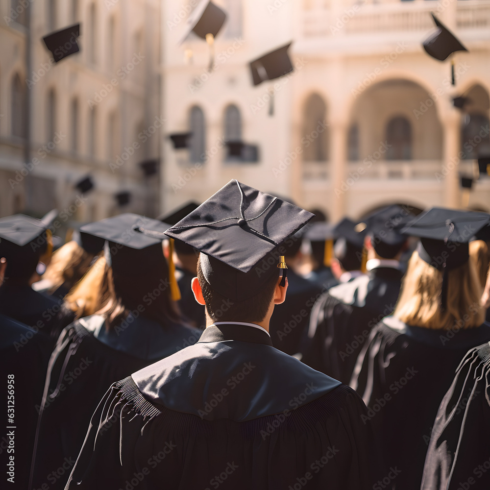 Graduate in cap. students from behind standing in the square in front ...