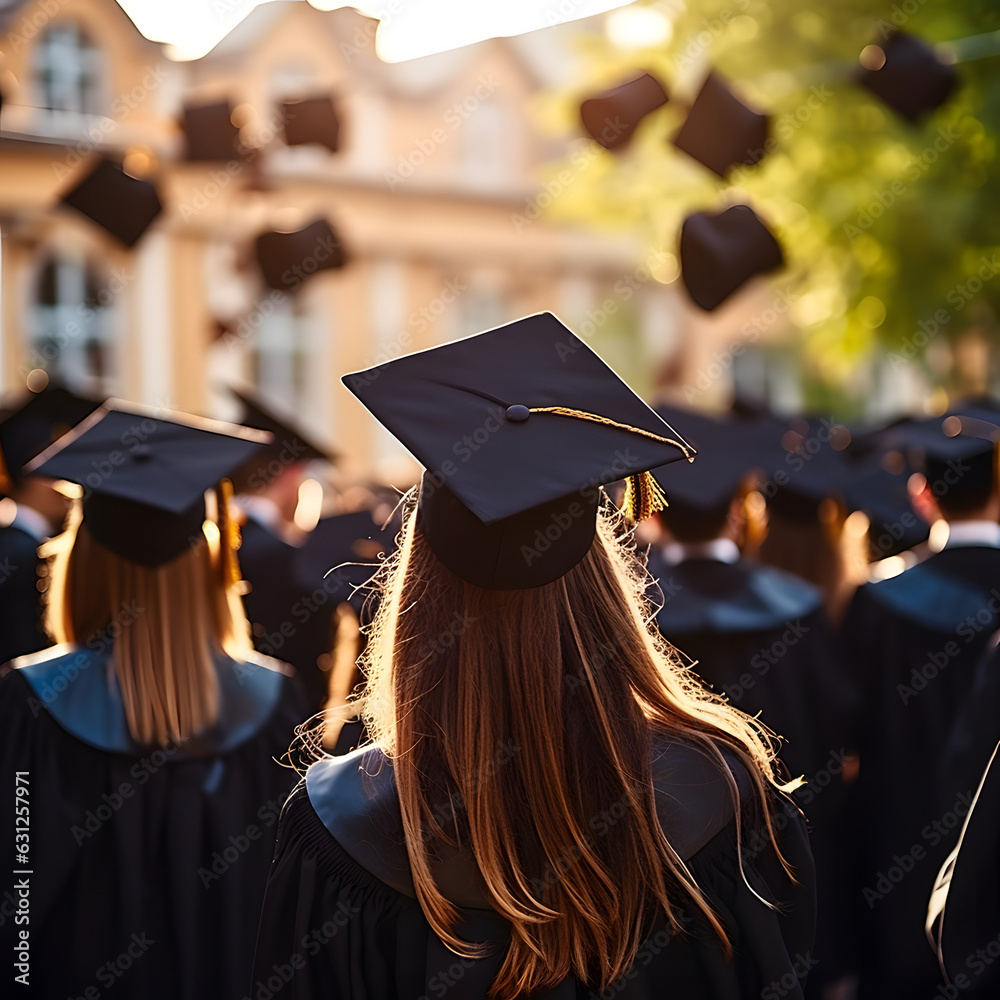 group of students in graduation cap. Girl from behind standing in the ...