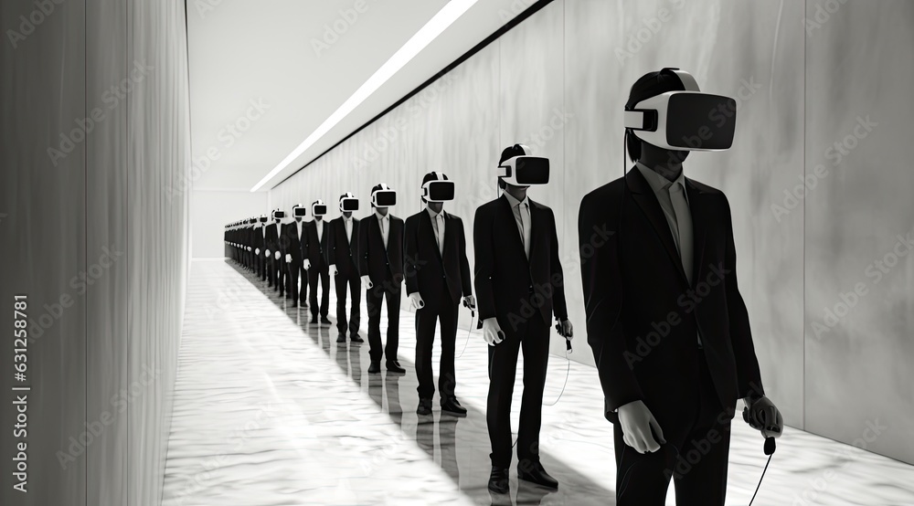 A group of people dressed in futuristic monochrome suits stand ...
