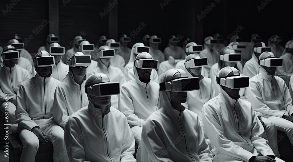 In a dystopian future, a group of people wearing white, futuristic ...