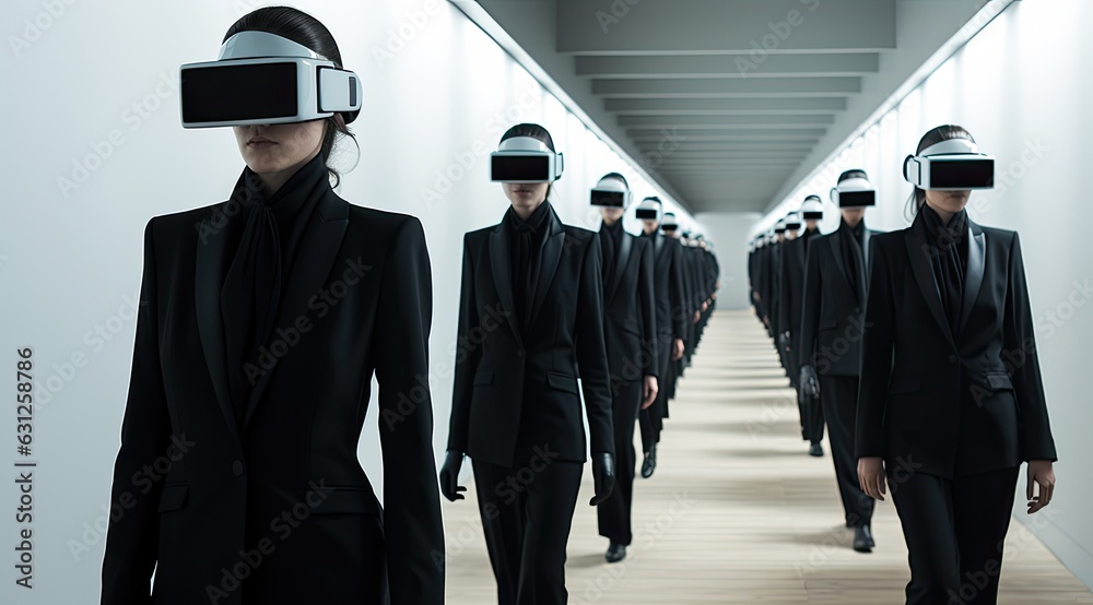 A group of people wearing futuristic virtual reality goggles stand ...