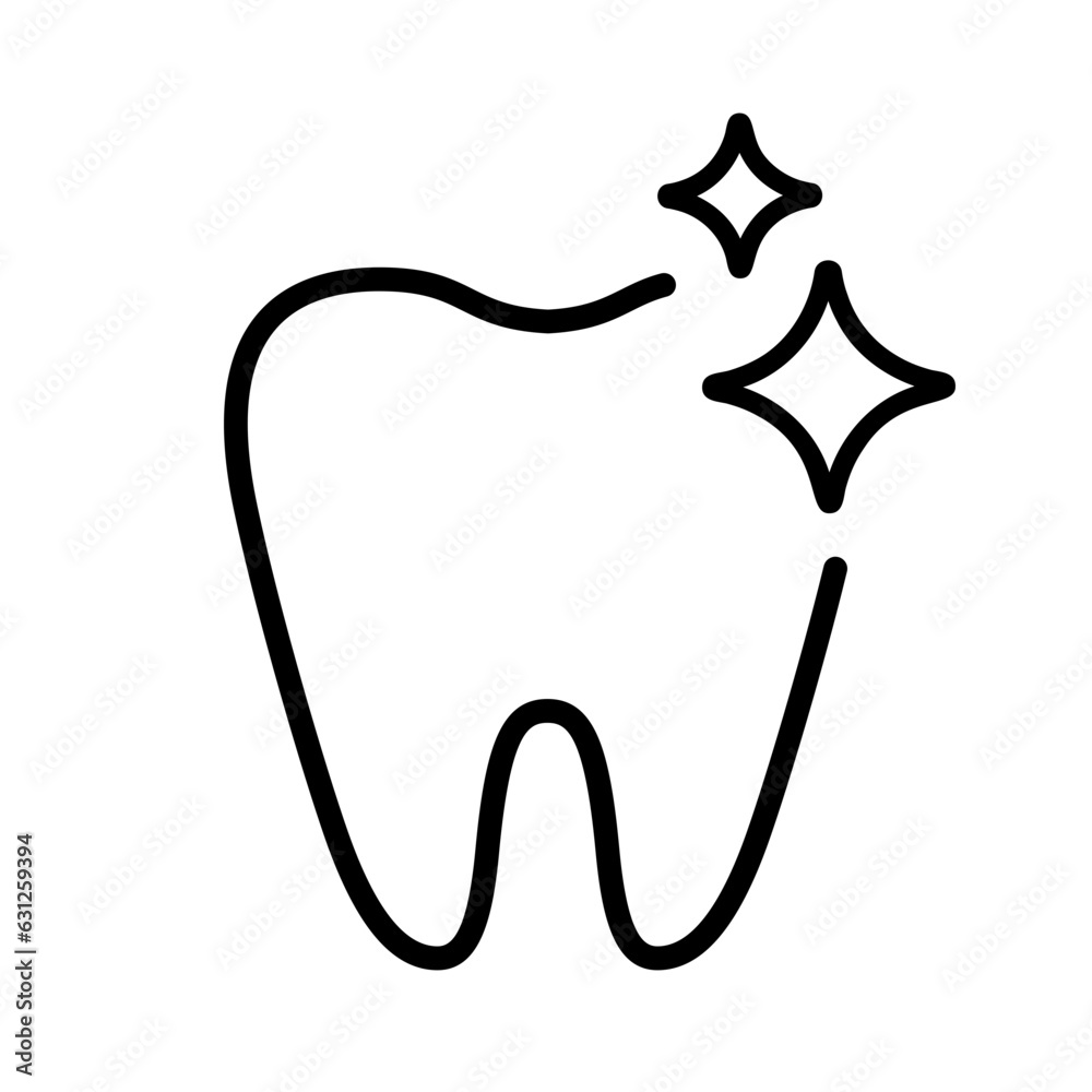 Black single shine whitening healthy tooth line icon, simple outline dental care flat design ...